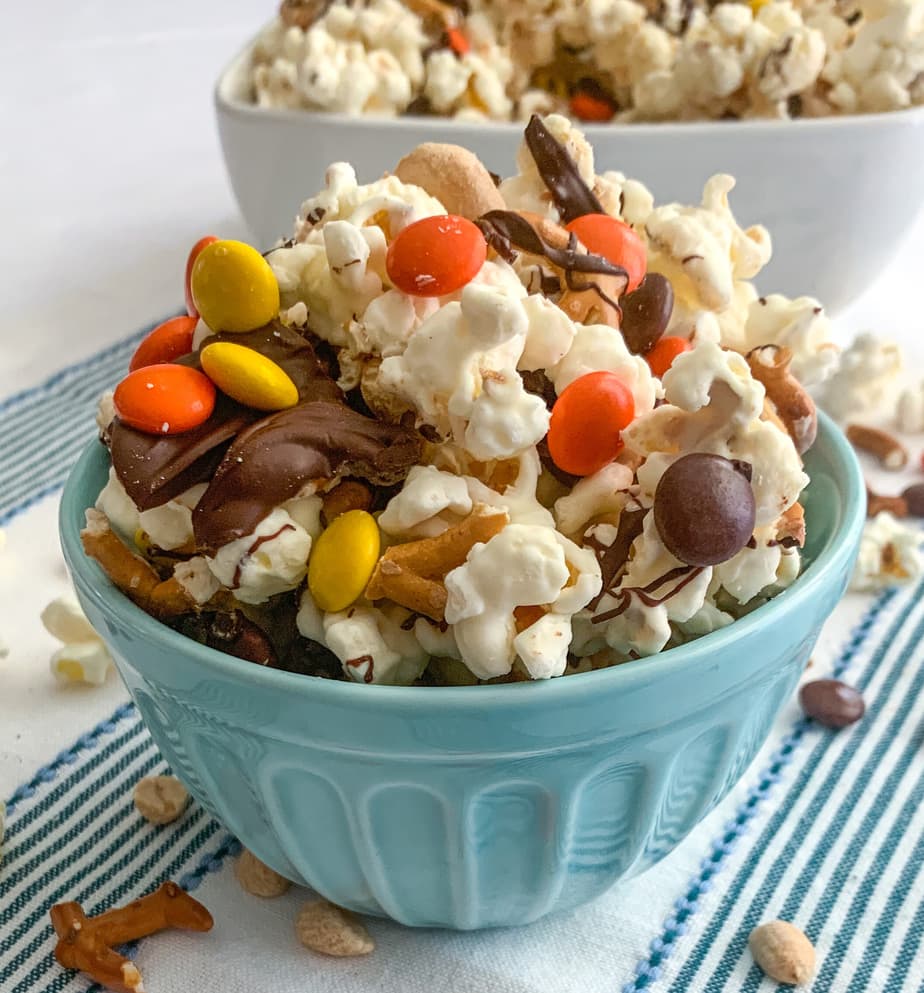 Chocolate Drizzled Popcorn (Popcorn Snack Mix) - Barefoot In The Pines
